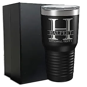 Personalized 30oz (17 Colors) Powder Coated Insulated Stainless Steel Tumbler with Lid, Custom Etched, Customized Engraved Gift Idea for Women Men Her Him, Halpert Monogram Initial Name (Black)