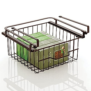 mDesign Compact Hanging Pullout Drawer Basket - Sliding Under Shelf Storage Organizer - Metal Wire - Attaches to Shelving - Easy Install - for Kitchen, Pantry, Cabinet - Bronze