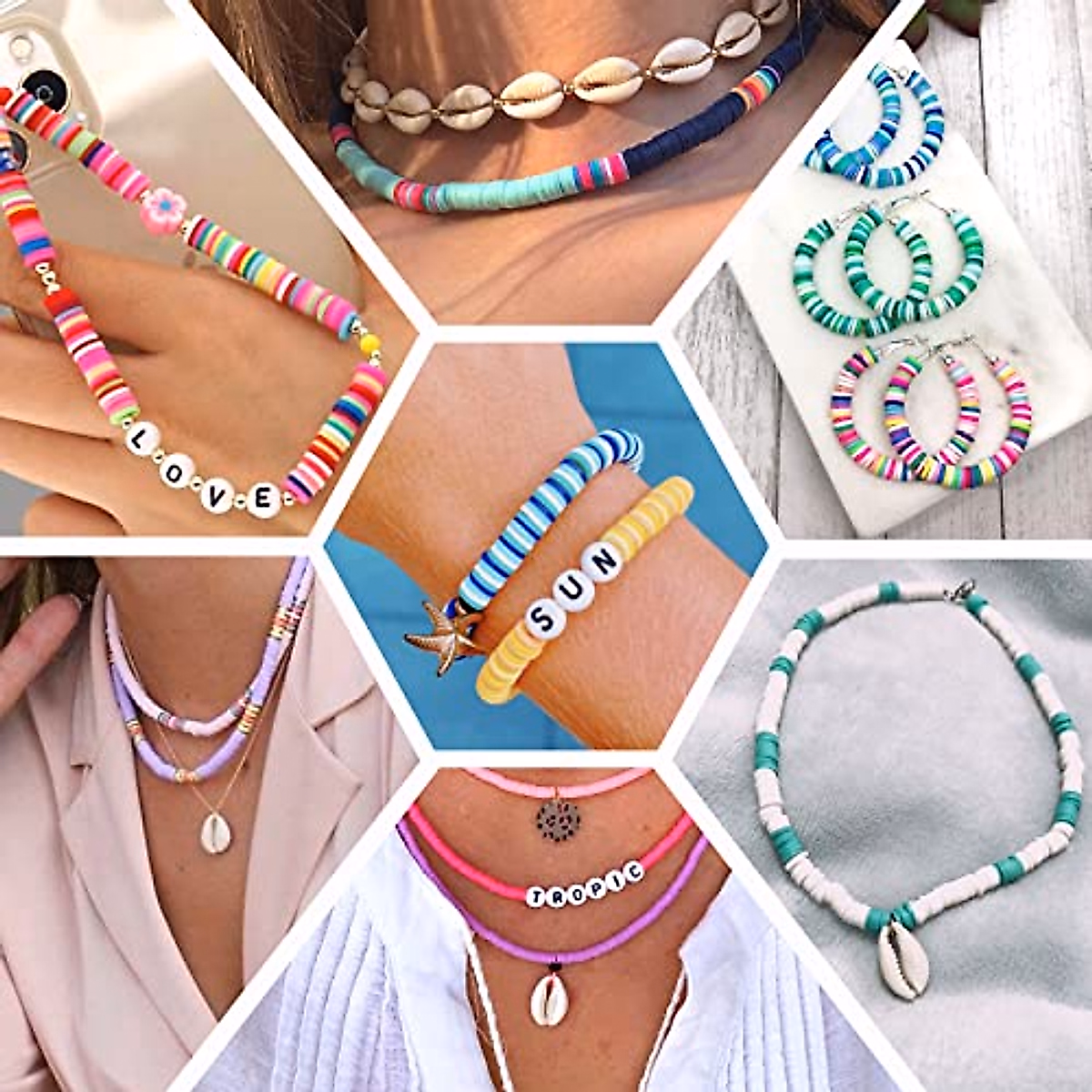 Quefe 6300pcs Clay Heishi Beads with 130pcs Letter Beads, Polymer Flat Round Disc Beads Kit with Elastic String, Pendant, and Jump Rings, for DIY Jewelry Marking Bracelets Necklace, 48 Colors 6mm