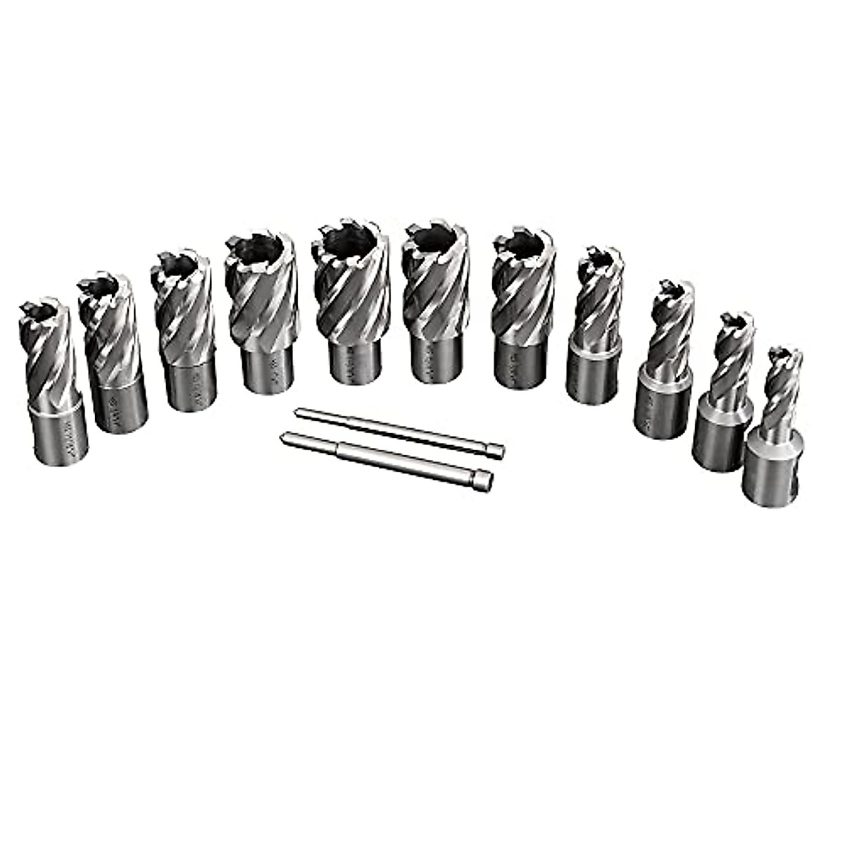 M2AL HSS Annular Cutter Set 13pcs LYXC 3/4'' Weldon Shank 1'' Cutting Depth 7/16'' to 1-1/16'' Cutting Diameter with 2pc Pilot Pins for Mag Drill Press
