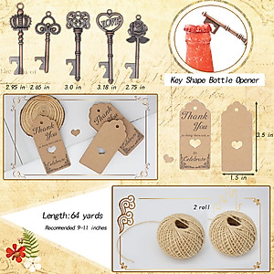 Aokbean 100pcs Wedding Party Gifts Favors for Guests Mixed Skeleton Key Bottle Opener with Thank You Cards and Hemp Rope for Birthday Housewarming Bridal Showers (Copper)
