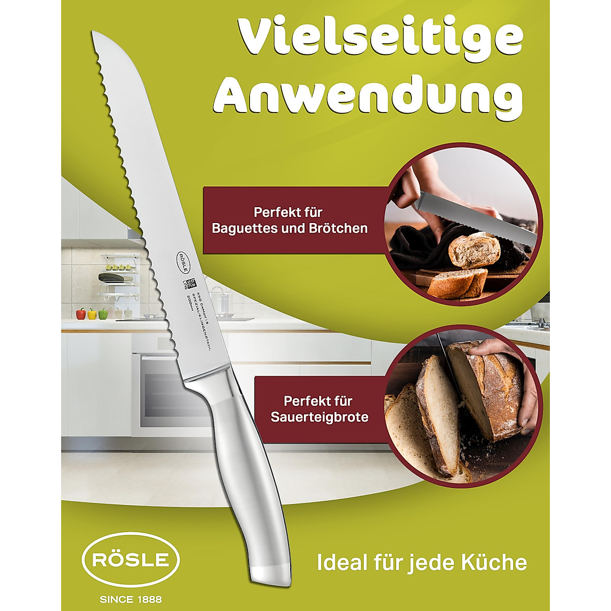 Rösle Baics Line Stainless Steel Bread Knife, 8 in Blade