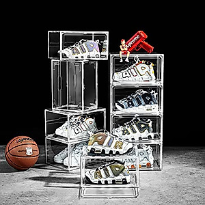 12 Pack Shoe Boxes, Clear Acrylic Stackable Plastic Sneaker Box Container, Magnetic Side Open Shoe Organizer Case For Man and Women (Transparency-12Pack-Side)