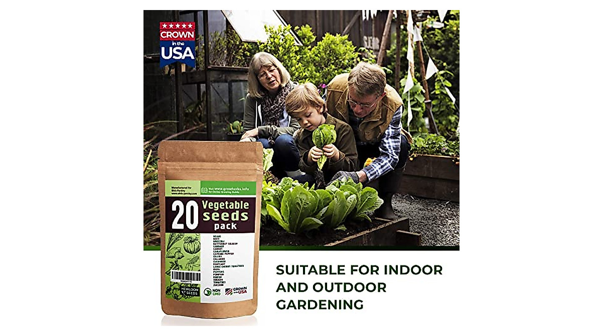 20 Vegetable Seeds Pack - USA-Grown Heirloom & Non-GMO Varieties