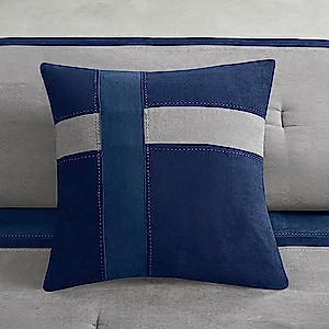 Madison Park Palisades Comforter Set Modern Faux Suede Pieced Stripe Design, All Season Down Alternative Cozy Bedding with Matching Shams, Decorative Pillows, Cal King(104"x92"), Blue 7 Piece