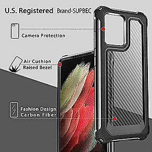 SUPBEC Samsung Galaxy S21 Ultra Case, Carbon Fiber Shockproof Protective Cover with Screen Protector [x2] [Military Grade Protection] [Anti Scratch], Phone Case for Samsung S21 Ultra 5G, 6.8", Black