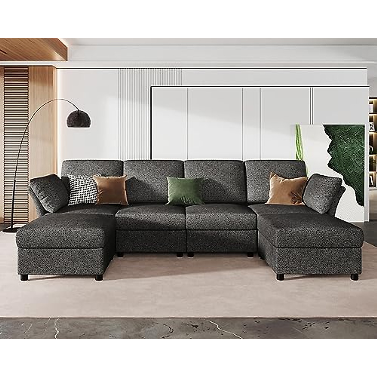 Amerlife Sectional Couch 6 Seats, Modular Sectional Sofa U Shaped sectional with Ottomans, Reversible Sofa Couch for Living Room, Grey Chenille