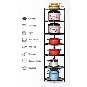 ZIGAMA 7-Tier Kitchen Corner Shelf Adjustable Pot Rack, Cookware Free Standing Storage Organizer ，Pot and Pans Tower Metal Shelves for Kitchen