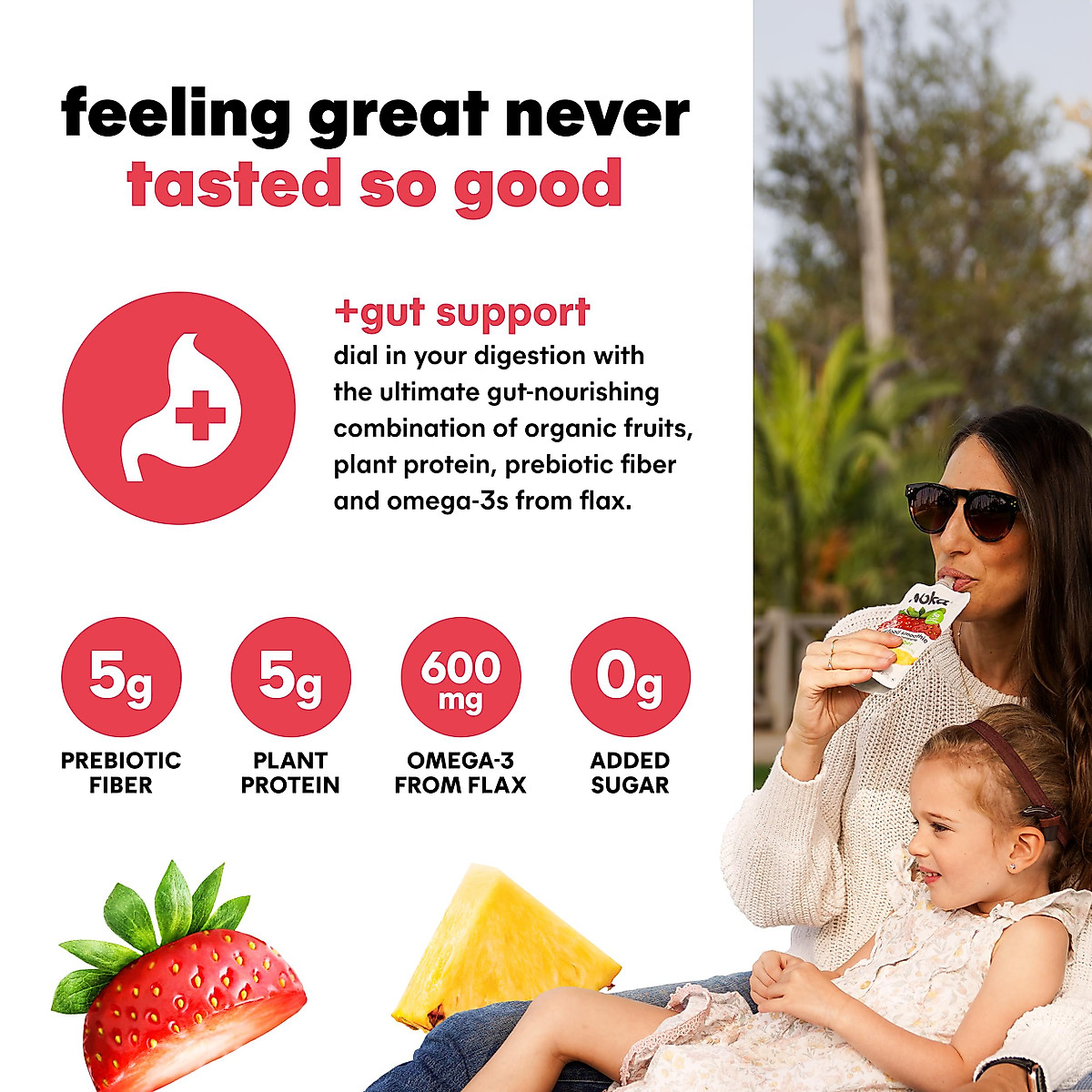 Noka Superfood Smoothie Pouches (Strawberry Pineapple) 4 Pack, with Plant Protein, Prebiotic Fiber & Flax Seed, Organic, Gluten Free, Vegan, Healthy Fruit Squeeze Snack Pack, 4.22oz Ea