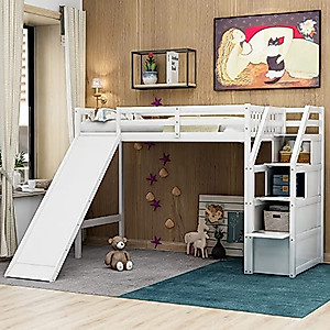 RUNWON Solid Wood Twin Size Loft Bed with Storage and Slide for Kids Teens Bedroom, No Box Spring Needed, White