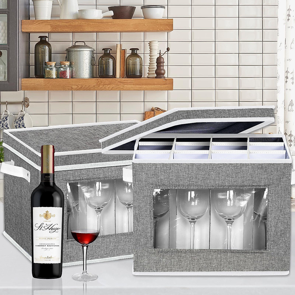 homyfort 2 Pack Stemware Storage Cases, Wine Glass Storage Box with Dividers, China Crystal Glass Storage Containers Organizer for 24 Glassware Moving and Protection (Grey)