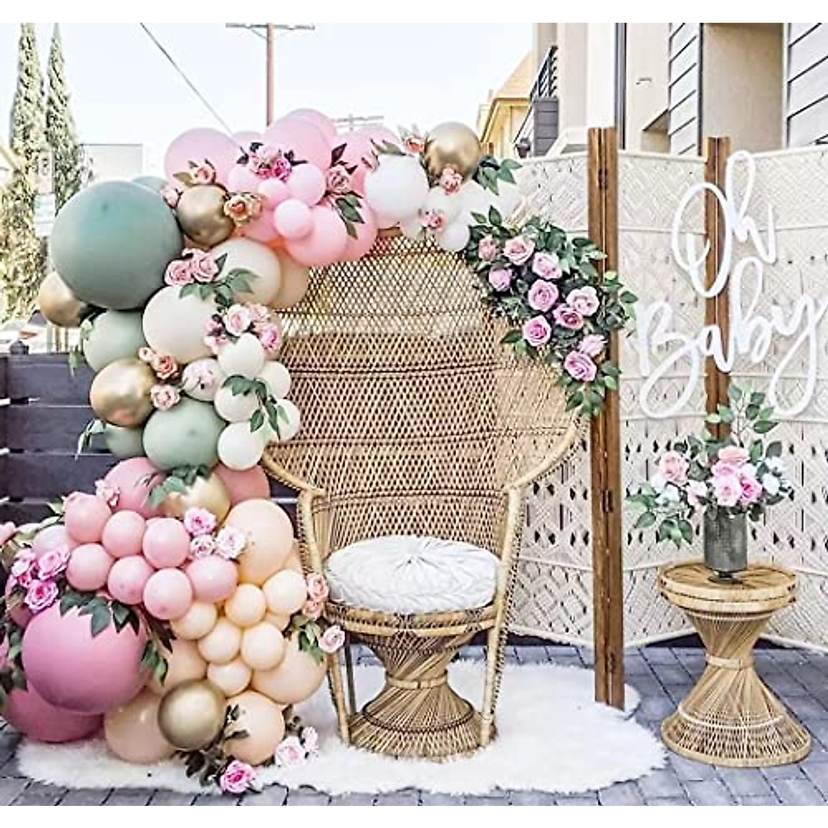 124PCS Sage Olive Green Blush Pink Peach Balloons Balloon Garland Arch Kit, Artificial Vines Eucalyptus Garland, We Can Bearly Wait Boho Gender Reveal Baby Shower Birthday Party Decorations for Girls