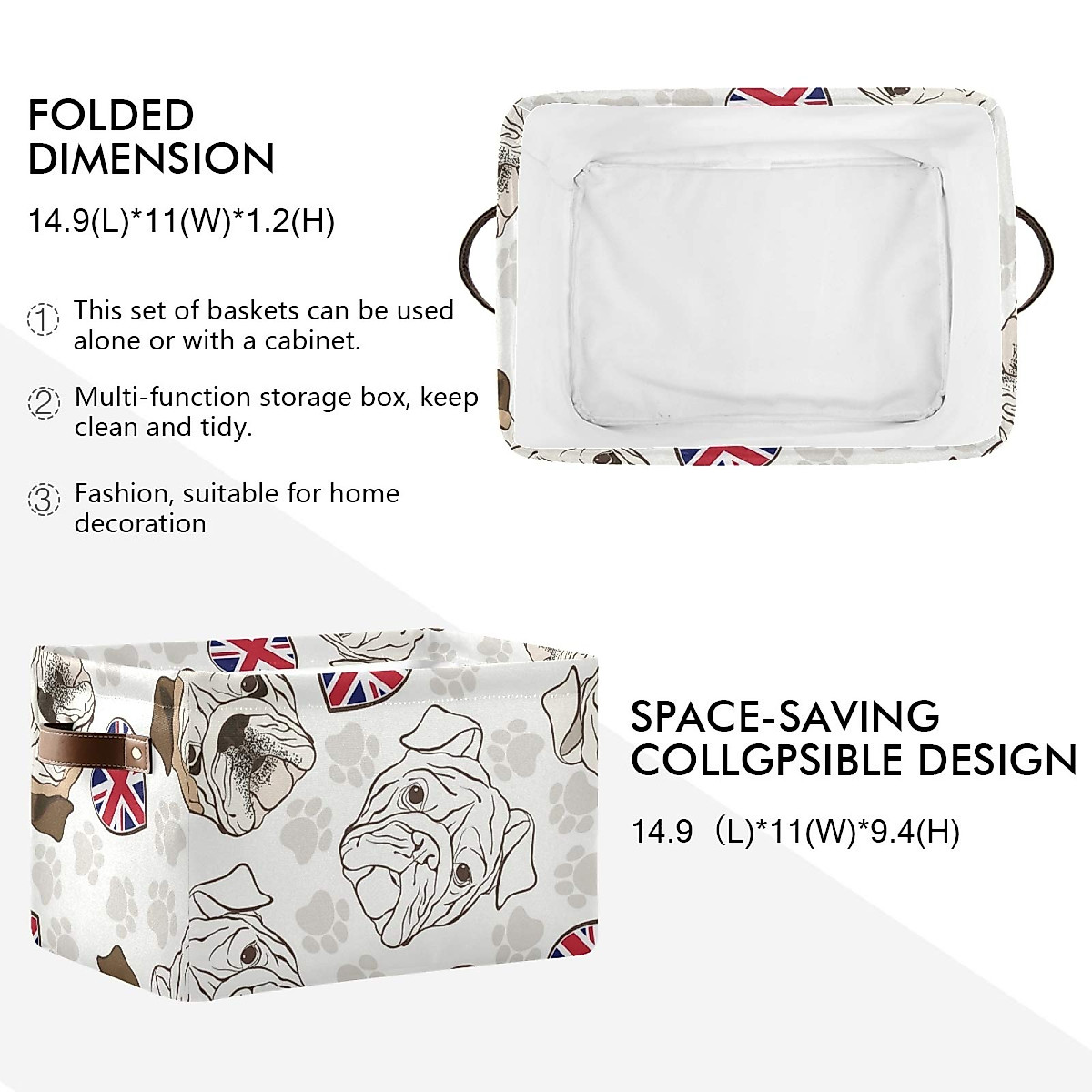 susiyo Large Foldable Storage Bin English Bulldog Fabric Storage Baskets Collapsible Decorative Baskets Organizing Basket Bin with PU Handles for Shelves Home Closet Bedroom Living Room-1Pack