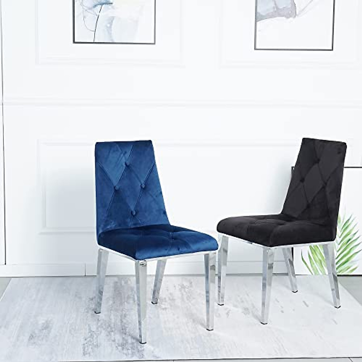 Ufurpie Dining Room Chairs with Velvet Fabric Dining Chairs Set of 2 with Chrome Legs,Backrest and Button Velvet Fabric Design,Luxury Home Furniture for Dining Room and Kitchen(Set of 2) (Blue)