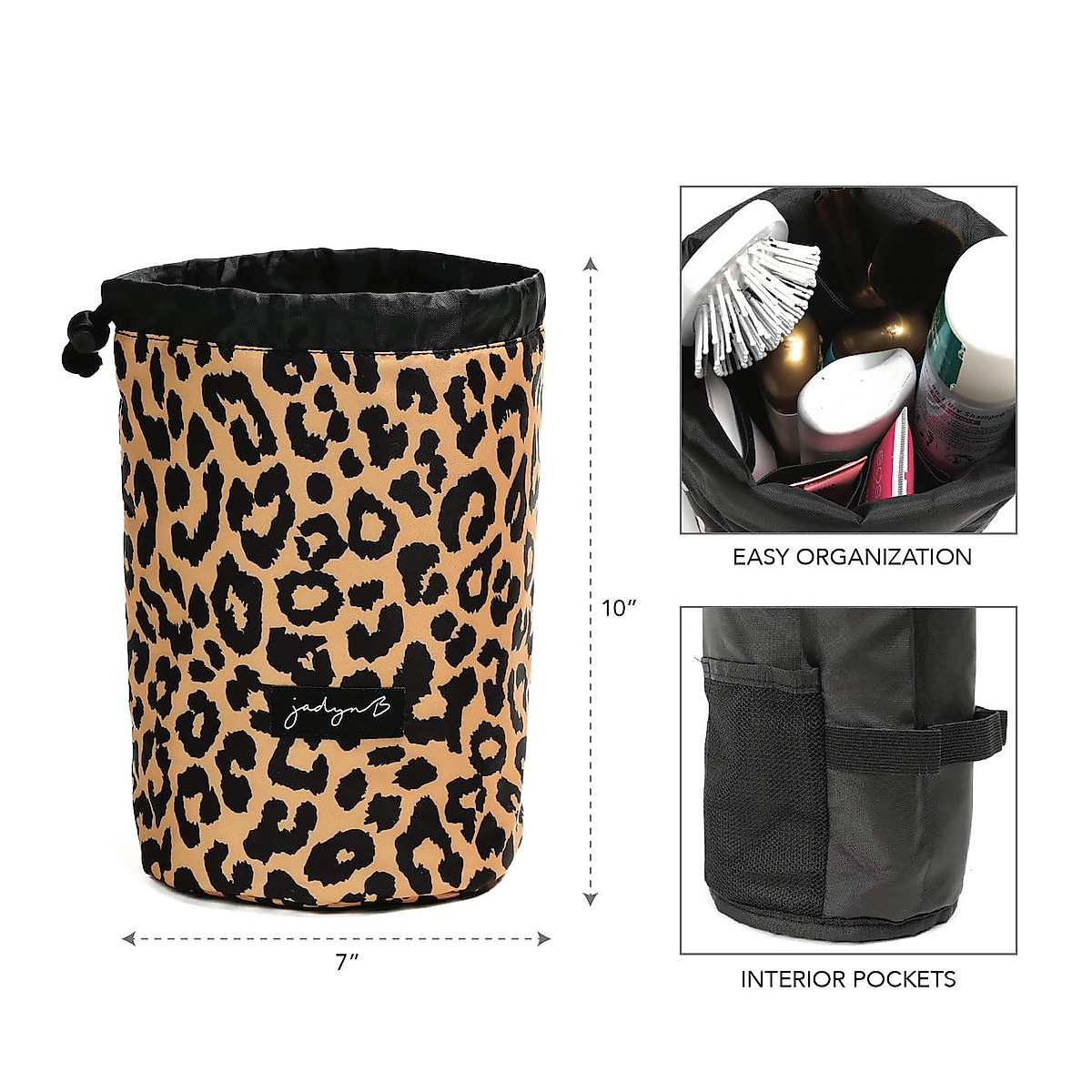 Jadyn Durable Cinch Top Makeup Organizer - Compact Travel Makeup Bag - 7 Interior Pockets for Cosmetics - Drawstring Toiletry Travel Bag for Women - 6L Storage Capacity - (Leopard)