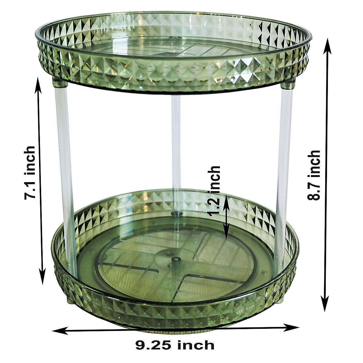ANNIYA 2 Tier 9.25 Inch Rotating Bathroom Counter Organizer, Makeup Organizer, Clear Standing Vanity Organizer Shelf for Bathroom Storage Organization, Kitchen (Diamond Clear Green)