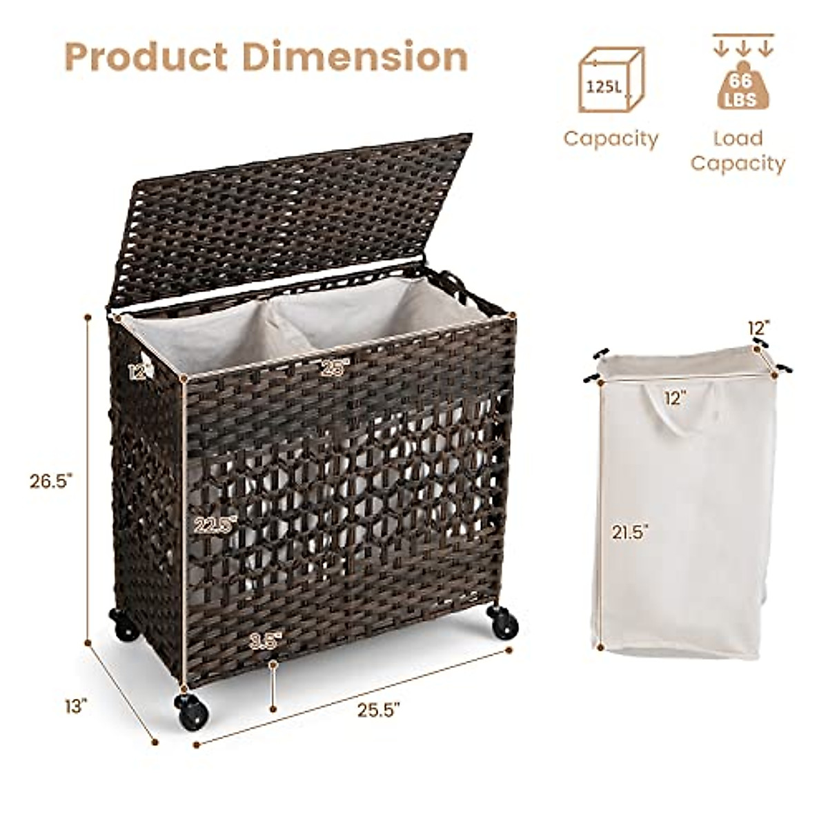 Giantex Laundry Hamper with Wheels and Lid, 33 Gal (125L) Wicker Laundry Basket, 2 Removable Liner Bags, Handles and Pulling Strap, Synthetic Rattan Laundry Hamper Clothes Storage Organizer (Brown)