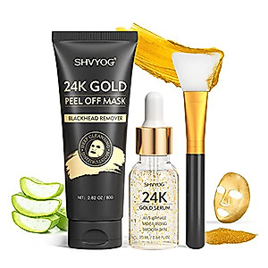Blackhead Remover Mask, 3-in-1 Peel off Face Mask with 24K Gold Serum & Silicon Brush,24K Gold Facial Mask For Deep Cleansing Blackhead, Whitehead, Pores, Acne, Oil, Peel Mask Black Mask(80g+20ml)