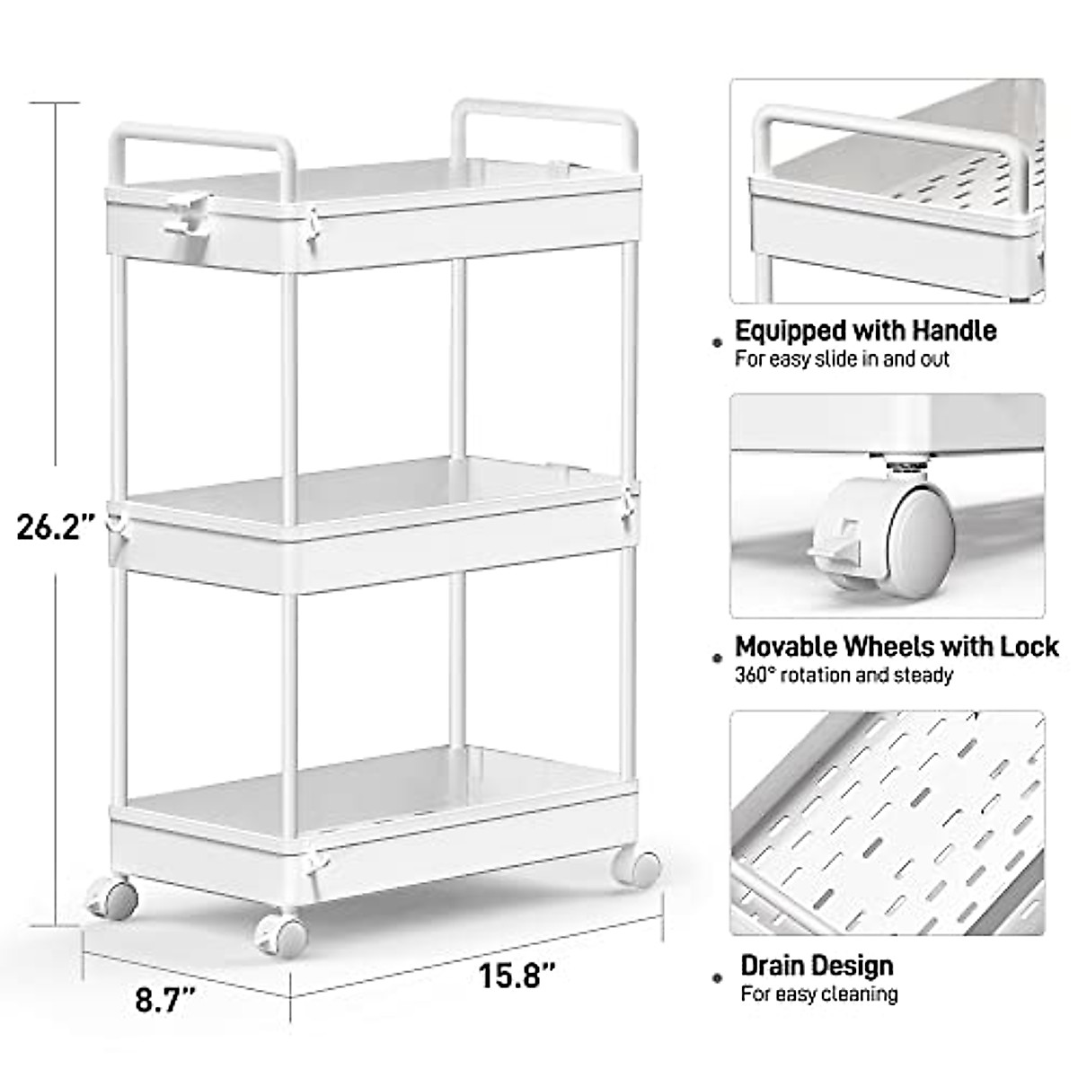 SOLEJAZZ Rolling Storage Cart, 3 Tier Utility Cart Mobile Slide Out Organizer, Bathroom Standing Rack Shelving Unit Organizer for Kitchen, Bathroom, Laundry Room, White