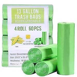 Biodegradable Trash Bags 13 Gallon for Kitchen Tall Trash Can, 0.97 Mil Thicken Large Garbage Bags Recycling Lawn Trash Can Liner Green 60 Counts