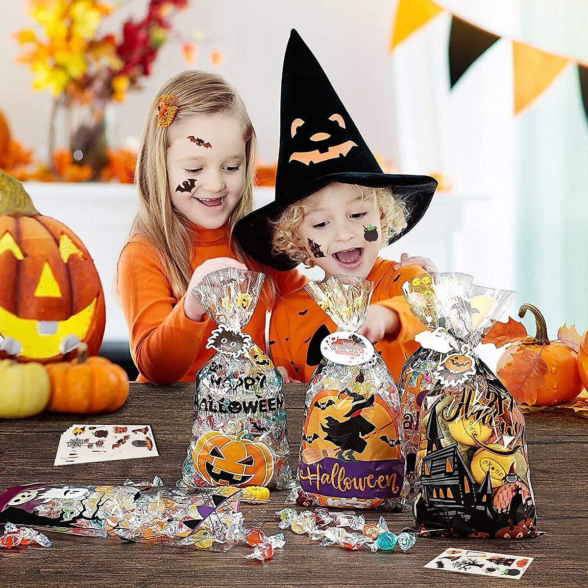 Halloween Candy Bags Treats Bags, 200 PCS Halloween Cellophane Bags for Kids Treat or Trick Party Supplies, 8 Styles Halloween Goodies Bags Gift Bags with Tattoo Stickers for Halloween Party Favors