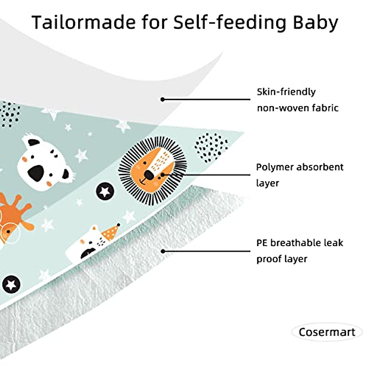 Cosermart Disposable Baby Bibs 50pcs Disposable Travel Feeding Bibs with Food Catcher, Waterproof Individual Packed Eating Bibs For Kids Toddler Infant(Animal)