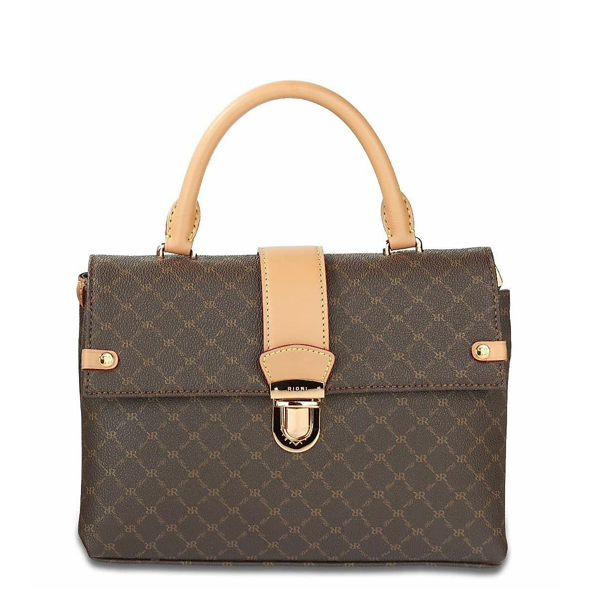 Rioni Signature Brown ST-20296 Lulu Canvas Leather Mini Top Handle Carrier Handbag Shoulder Bag