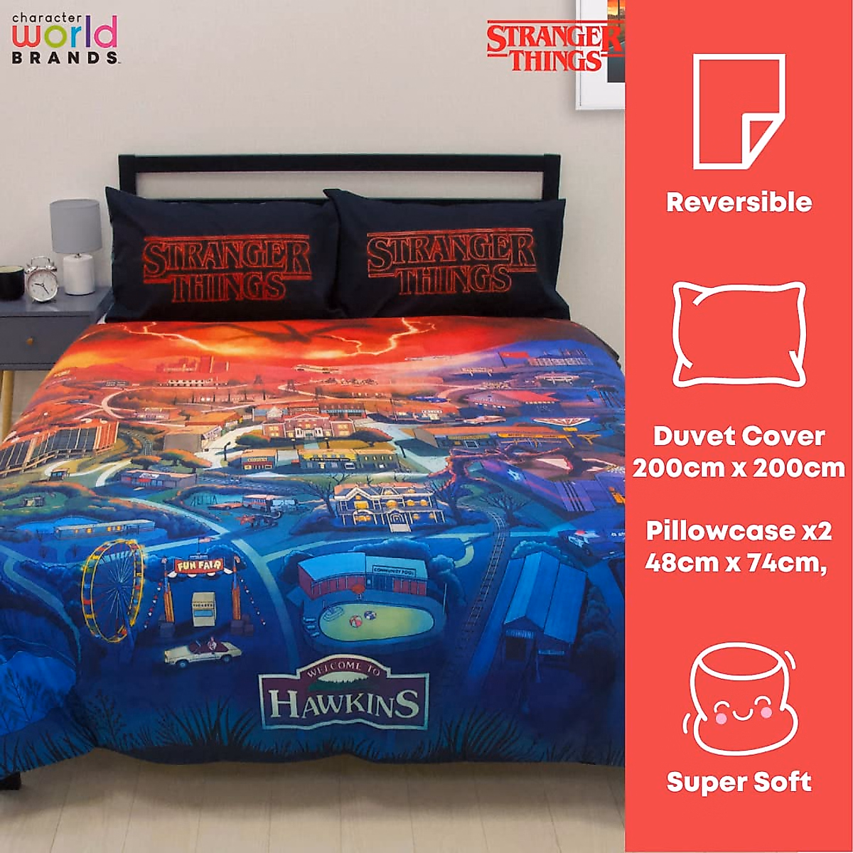 Stranger Things Character World Official Double Duvet Cover | Hawkins Town Map Design, Reversible Easy Care Bedding 2 Sided Duvet Quilt Set with Matching Pillow Cases, Multicolour Print