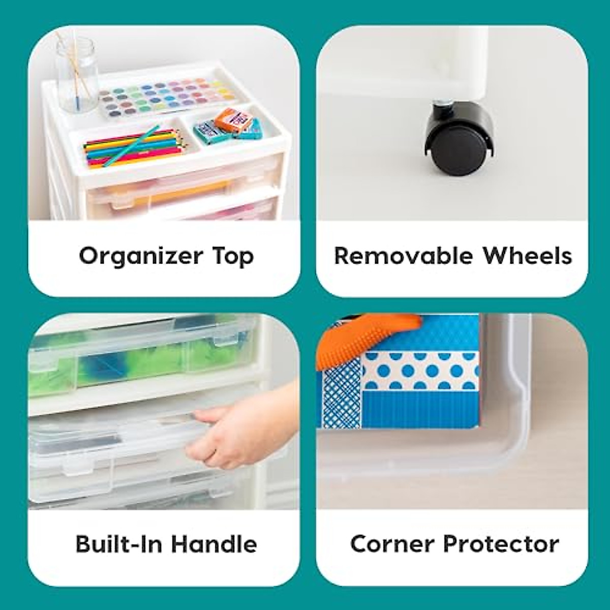 IRIS USA Fits 12" x 12" Paper, 6-Tier Scrapbook Rolling Storage Cart with Organizer Top for Papers Vinyl Tools Office Art and Craft Supplies, Yarn, White Frame with 6 Clear Cases w/ Built in Handle