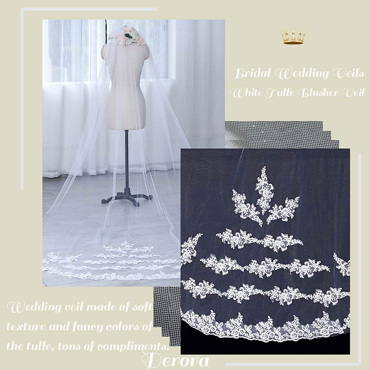 Salliy Aiosy Layer Wedding Veil Bridal Veil Embroidery Lace Edge Bride with Comb Cathedral Length Hair Accessories (Ivory)