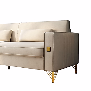 ANTTYBALE 85.63" Velvet Sofa,Modern Loveseat Couch with Pillows Set of 2 for Living Room,Bedroom,Apartment Furniture with Gold Metal Legs (Beige)