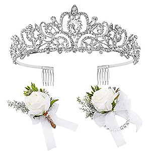 AOPRIE Corsage and Boutonniere Set Tear Drop Gemstone Tiara and Crown for Women Bride Flower Wristlet Band Bracelet of Wedding Accessories Man Suit Decorations Favor Gift