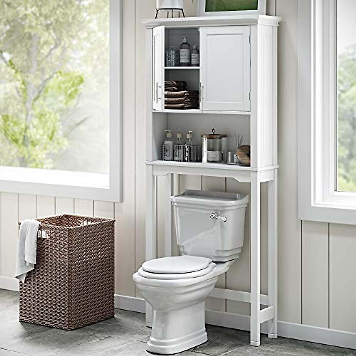 RiverRidge Somerset Two-Door Floor Cabinet, White & White Somerset Bathroom Over The Toilet Storage Spacesaver with Open Shelf and Two Doors