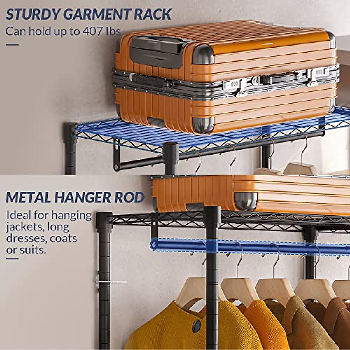 BELLEZE Garment Rack for Hanging Clothes, Clothes Rack with Adjustable Shelf, Freestanding Clothing Rack Closet Organizer Rack with 2 Pairs Side Hooks, Heavy Duty Closet Wardrobe for Bedroom, Black