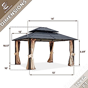 Erinnyees 12' x 14' Hardtop Gazebo,Iron Double Roof Gazebo with Curtains and Netting, Waterproof Canopy Gazebo with Anti-Rust Coating Frame for Patios, Gardens, Lawns, and Backyard