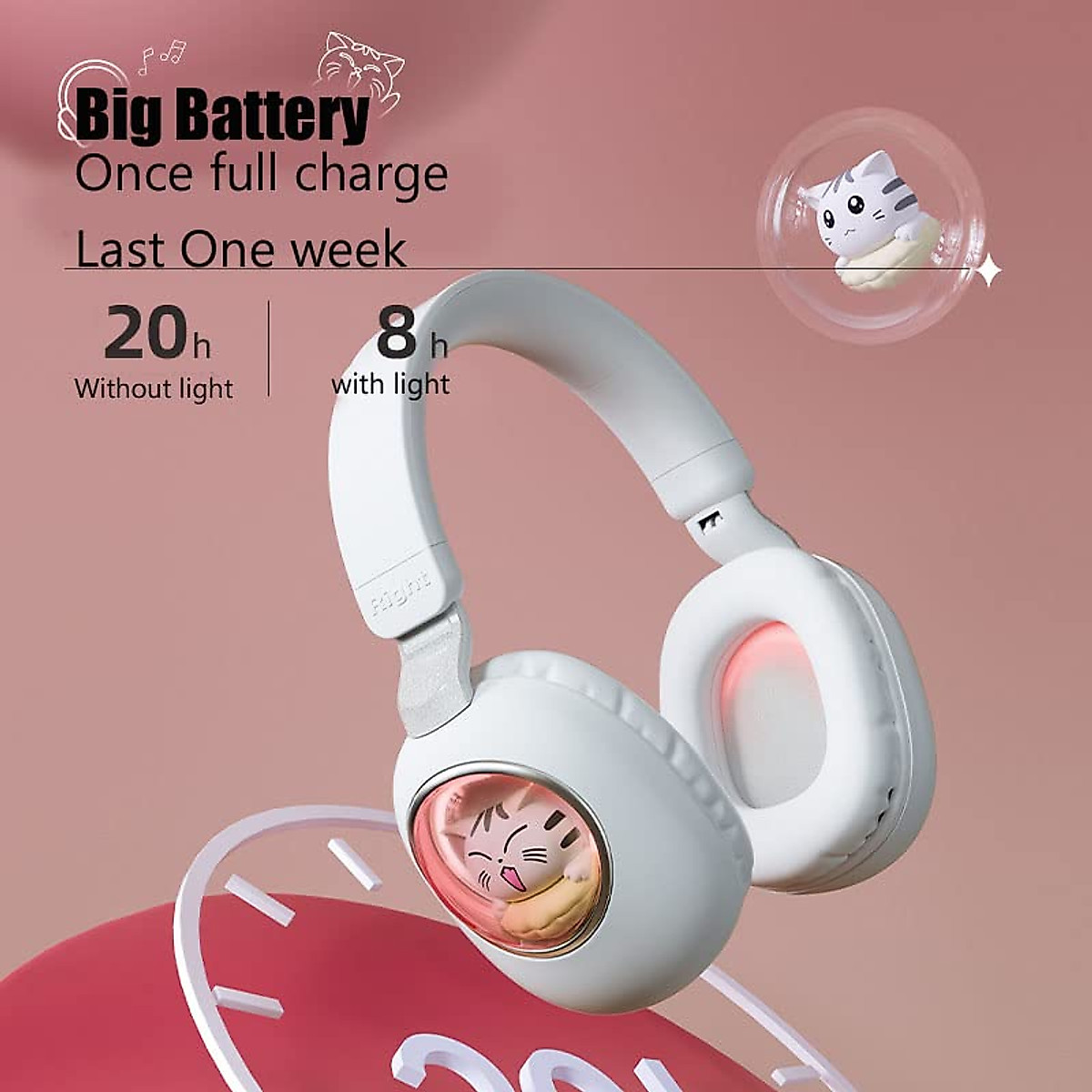 Loluka Wired Headphones Cute Cat Design Foldable Light Weight Headphones Stereo Sound for Boys & Girl Wired Headset Over Ear Headphone with Both Bluetooth and Cable for Cellphone and PC