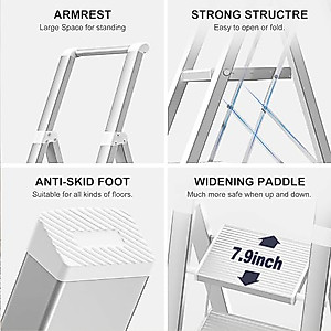 6 Step Ladder for 12 Feet High Ceiling, Lightweight Aluminum Folding Step Stool with Convenient Handgrip, Stepladders with Anti-Slip and Wide Pedal for Home and Kitchen Use Space Saving - Silver