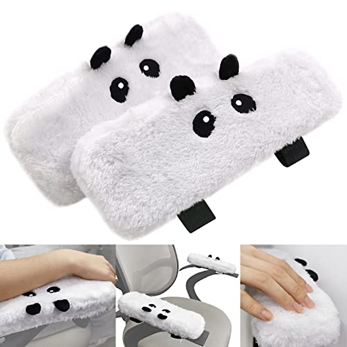 pandaonly 2Pack Plush Panda Chair Armrest Pads, Memory Foam Kawaii Chair Armrest Cushion with Velcro Strap, Adjustable & Washable Ergonomic Elbow Support Decompression for Home Office Gaming Chair