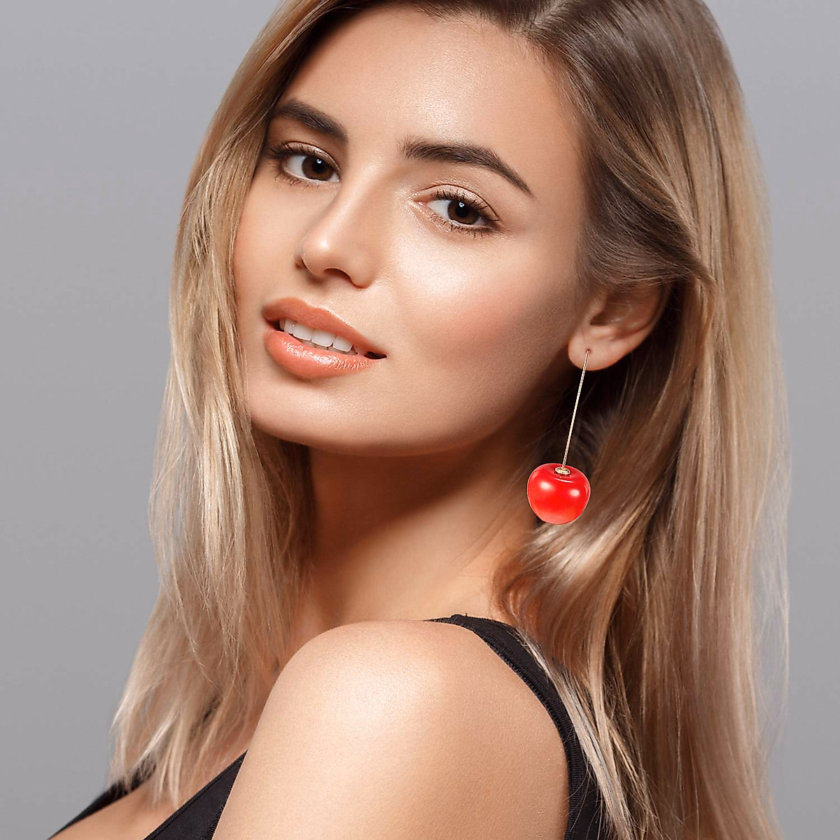 Hicarer 4 Pairs Cherry Earrings Cherry Dangle Earrings 2 Sizes 3D Cherry Fruit Earrings with 10 Pieces Ear Lines for Women