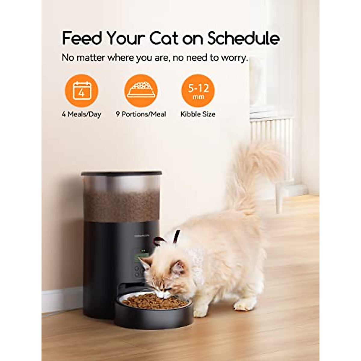Automatic Cat Feeders, Meowant 4L/6L Cat Food Dispenser with Desiccant Bag, Timed Cat Feeder with Stainless-Steel Bowl & Twist Lock Lid, Up to 9 Portions 4 Meals Per Day,Dual Power Supply