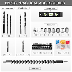 GardenJoy Cordless Power Drill Set: 12V Electric Drill with Battery and Charger, 65pcs Acessories, 3/8"Keyless Chuck, 2 Variable Speed, 24+1 Position, Compact Drill Driver Kit for Home & DIY Project