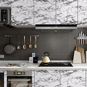 Caltero Marble Contact Paper 15.7" x 118" Black White Grey Wallpaper Peel and Stick Glossy Marble Self Adhesive Contact Paper for Countertop Kitchen Cabinets Bathroom