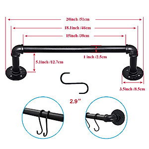 TLBTEK 20 inch Industrial Pipe Clothes Rack,Black Iron Bathroom Kitchen Towel Bar,Vintage Farmhouse DIY Wall Mounted Pot Bar Rack, Detachable Kitchen Utensils Hanger with 8 pcs S Hooks