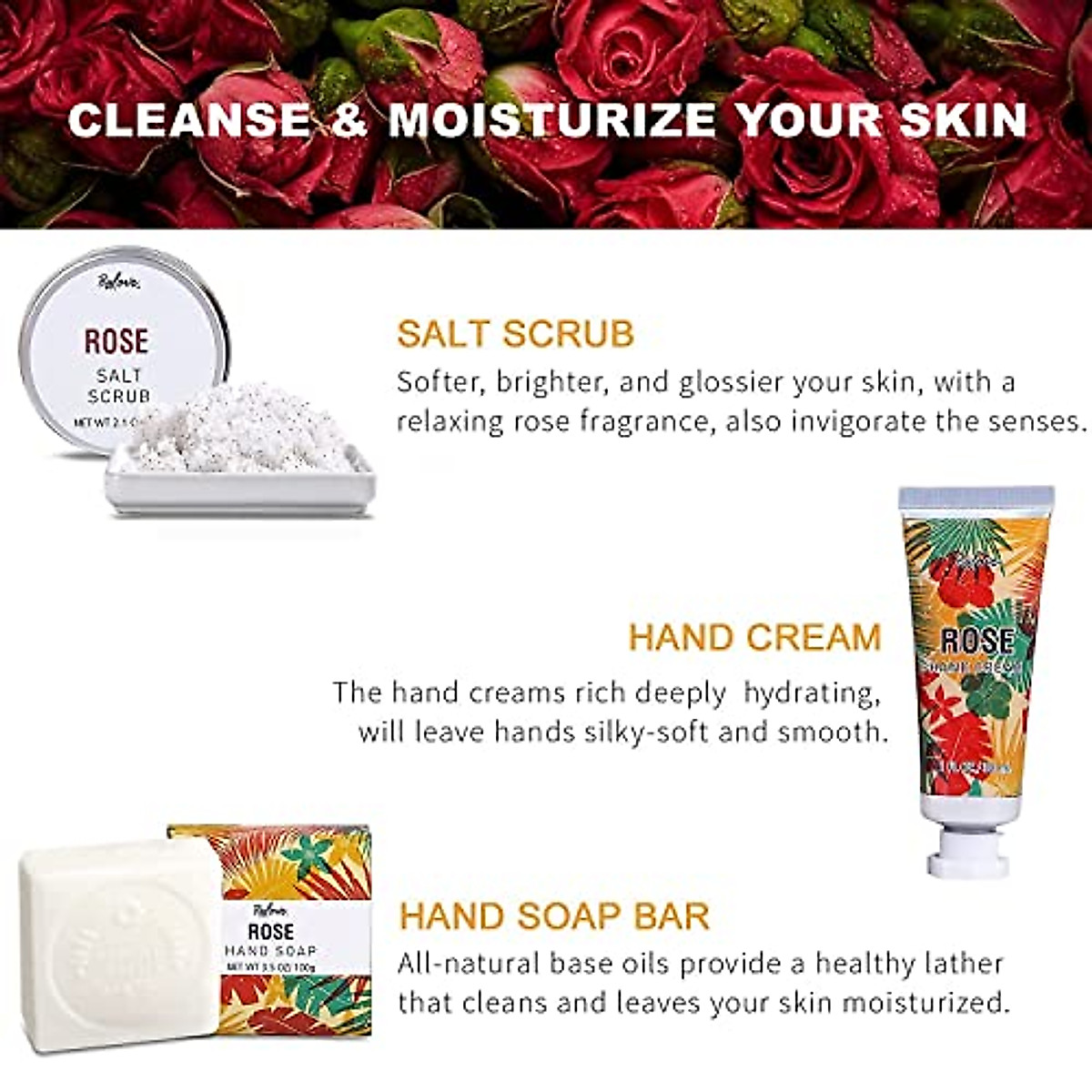 Spa Gifts for Women, Gift Set, Self Care Kit, Birthday Gifts, 5pc Rose Bath Sets Include Massage Oil, Bath Bomb, Salt Scrub, Soap, Hand Cream, Christmas Gifts for Mom