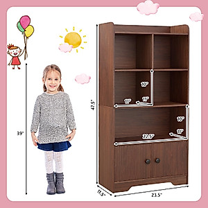 Costzon Kids Toy Storage Cabinet, 43.5" Tall Bookcase w/ 5 Open Compartments & 2 Doors, Multifunctional Display Shelf Home Organizer for Playroom, Nursery, Bedroom, Living Room, Study (Walnut)