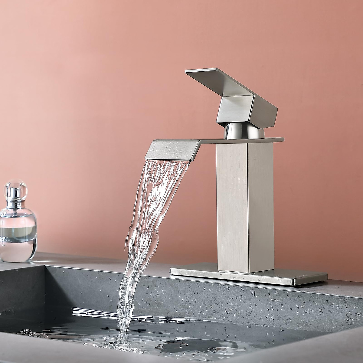 Poumao Waterfall Bathroom Faucet Bathroom Sink Faucet Brushed Nickel Single Handle Vanity Lavatory Faucets with Deck Plate for 1 or 3 Holes