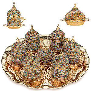 Alisveristime Crystal Embellished Turkish Coffee Set – 27 Pieces – Decorative Zamac Espresso Cups, Saucers and Sugar Bowl with Tray – Available in Three Color Variations (Multi)