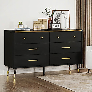 DWVO Black 6 Drawer Dresser, 47" W Large Double Dresser Chest of Drawers, Modern Wood Storage Dresser Organizer with Golden Metal Handles & Anti-Tipping Device for Hallway, Entryway, Dresser Room