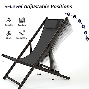 Eongdn Sling Chairs Patio Deck Chairs Folding Chair Set of 4 with 2 6-Level Adjustable Aluminum Folding Chairs and 2 Stools, Dark Grey