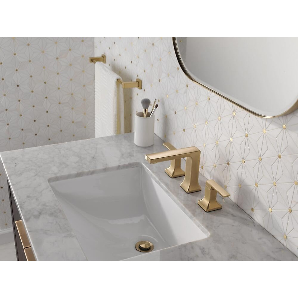 Delta Faucet Velum Widespread Bathroom Faucet 3 Hole, Gold Bathroom Sink Faucet, 2 Handle Bathroom Faucet, Bath Faucet, Pop-Up Drain Assembly, Champagne Bronze 3537LF-CZMPU